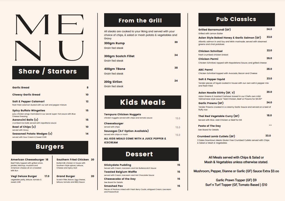 Menu at The Grand Hotel pub & bar, Armidale