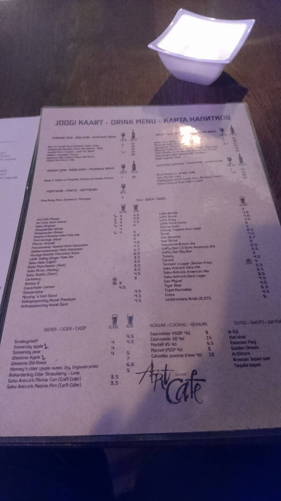 Menu au Art Cafe Tallinn, Tallinn