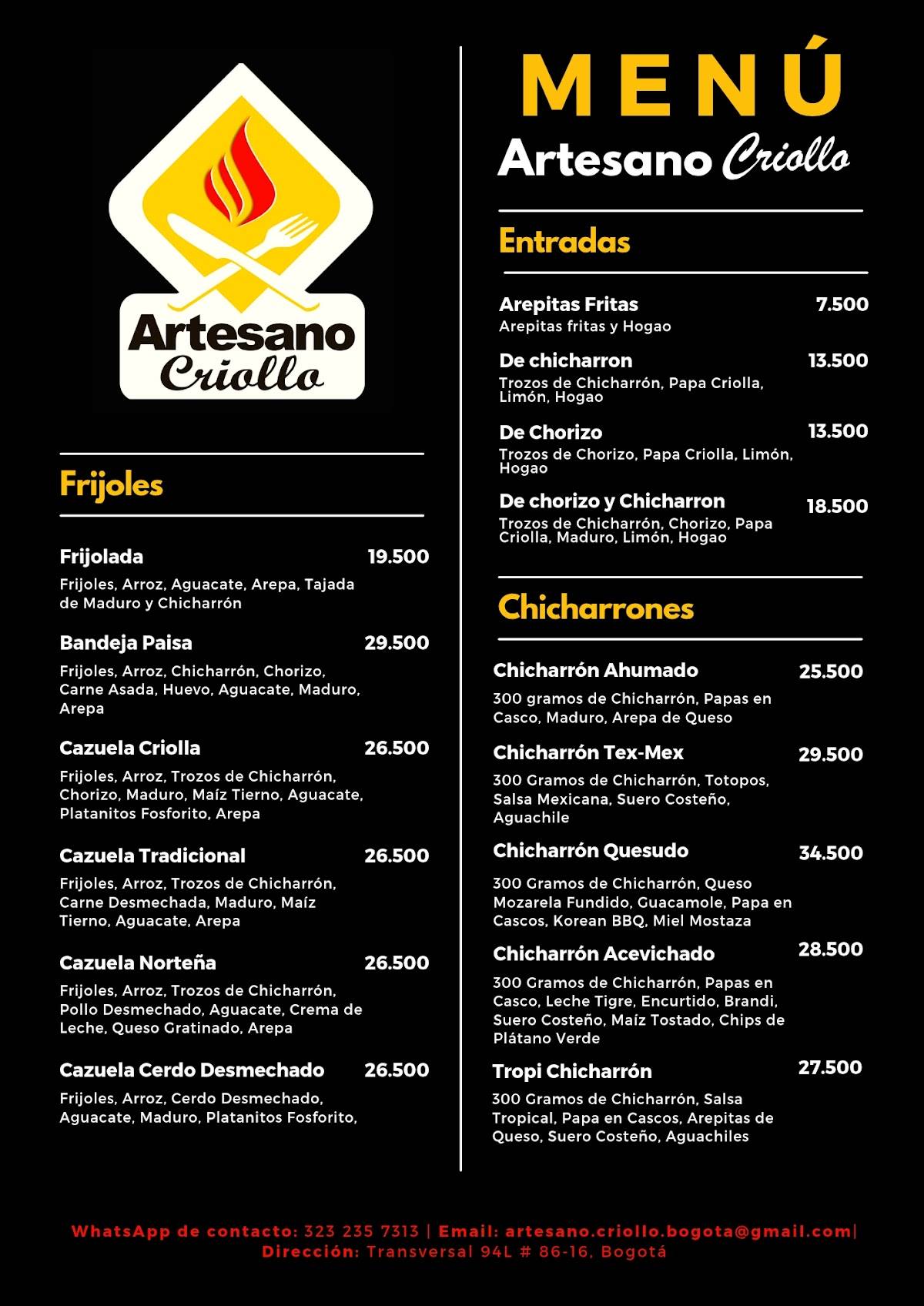 Carta del restaurante El Artesano Criollo - La Bandejería del Don ...