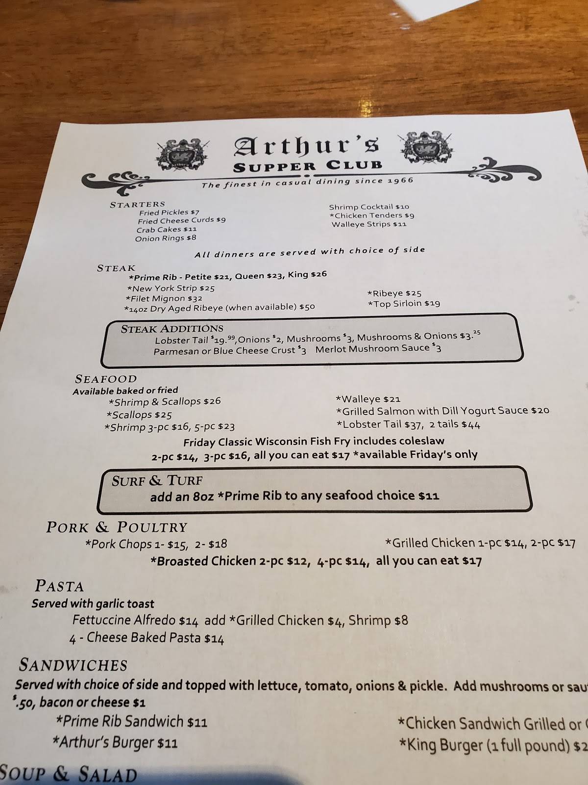 Menu at Arthur's Supper Club, Spring Green, E4885 US-14