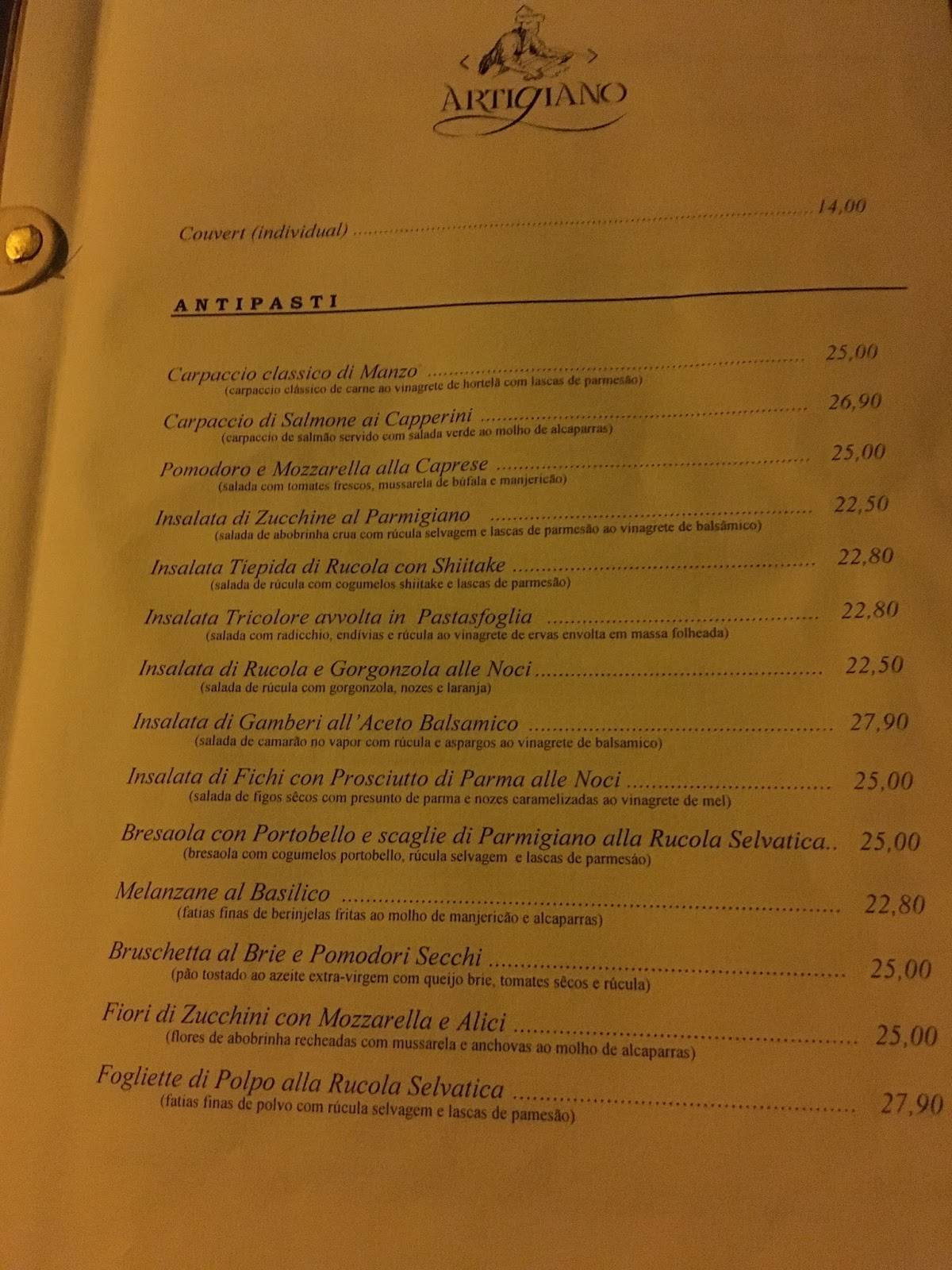 Menu em Artigiano Ristorante restaurante, Rio de Janeiro