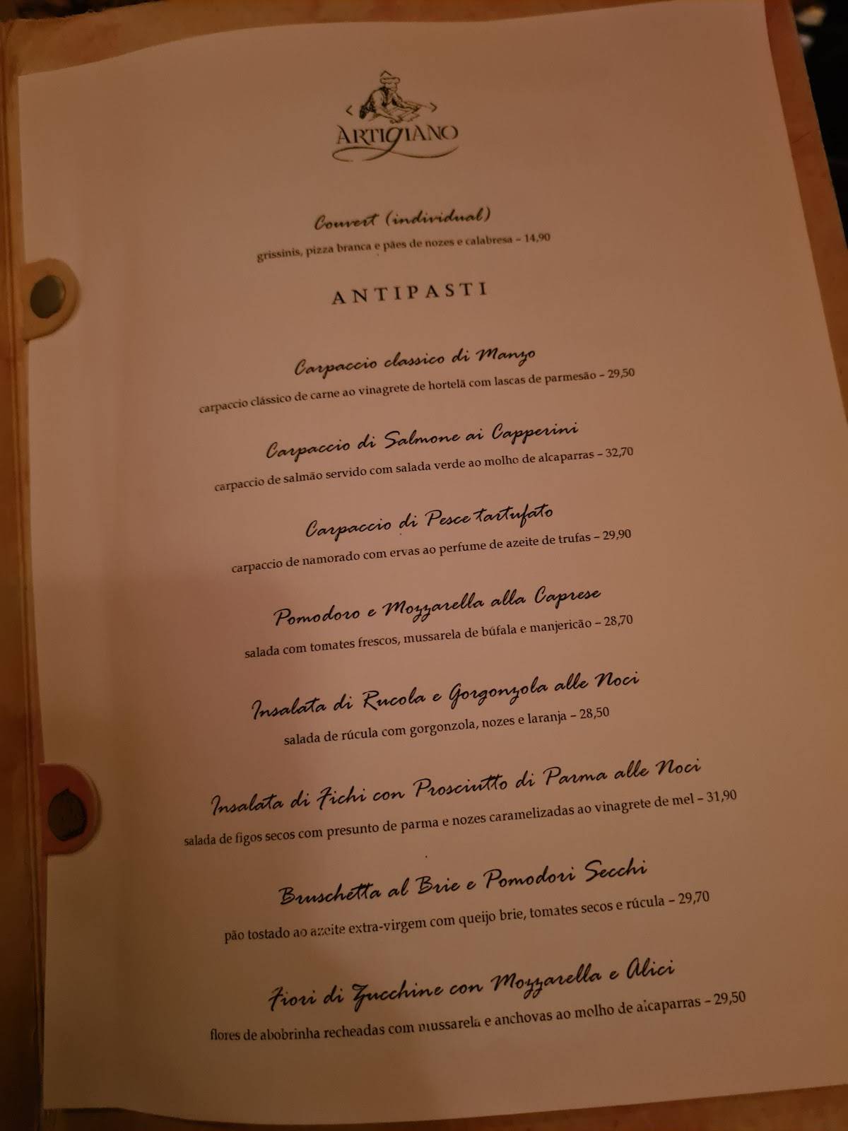 Menu em Artigiano Ristorante restaurante, Rio de Janeiro