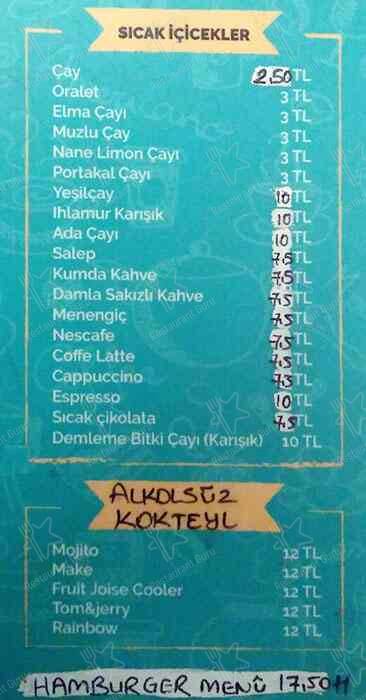 Menu at artizler nargile bahçesi, Istanbul