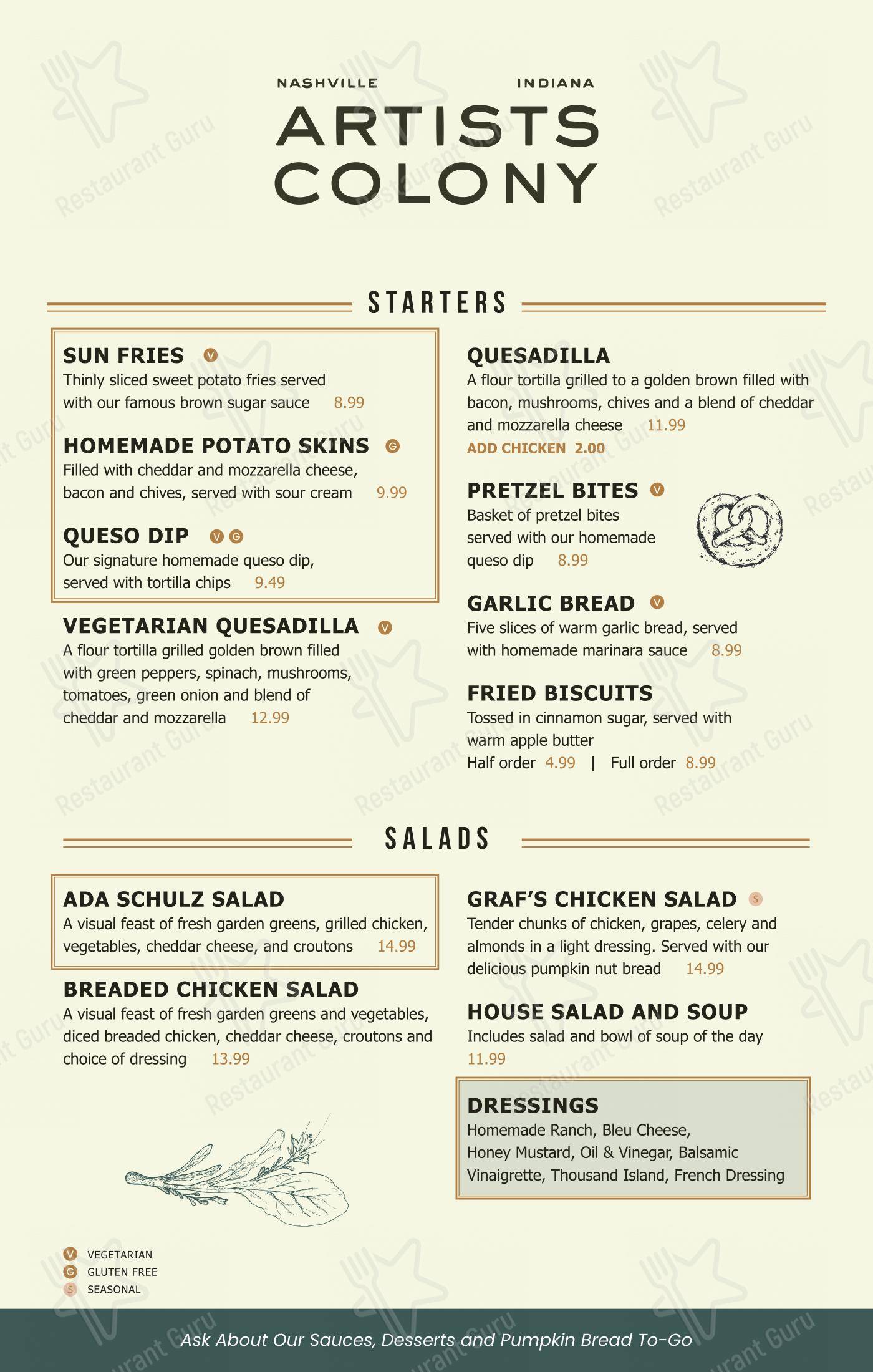 Menu at Artists Colony Inn & Restaurant, Nashville, 105 S Van Buren St