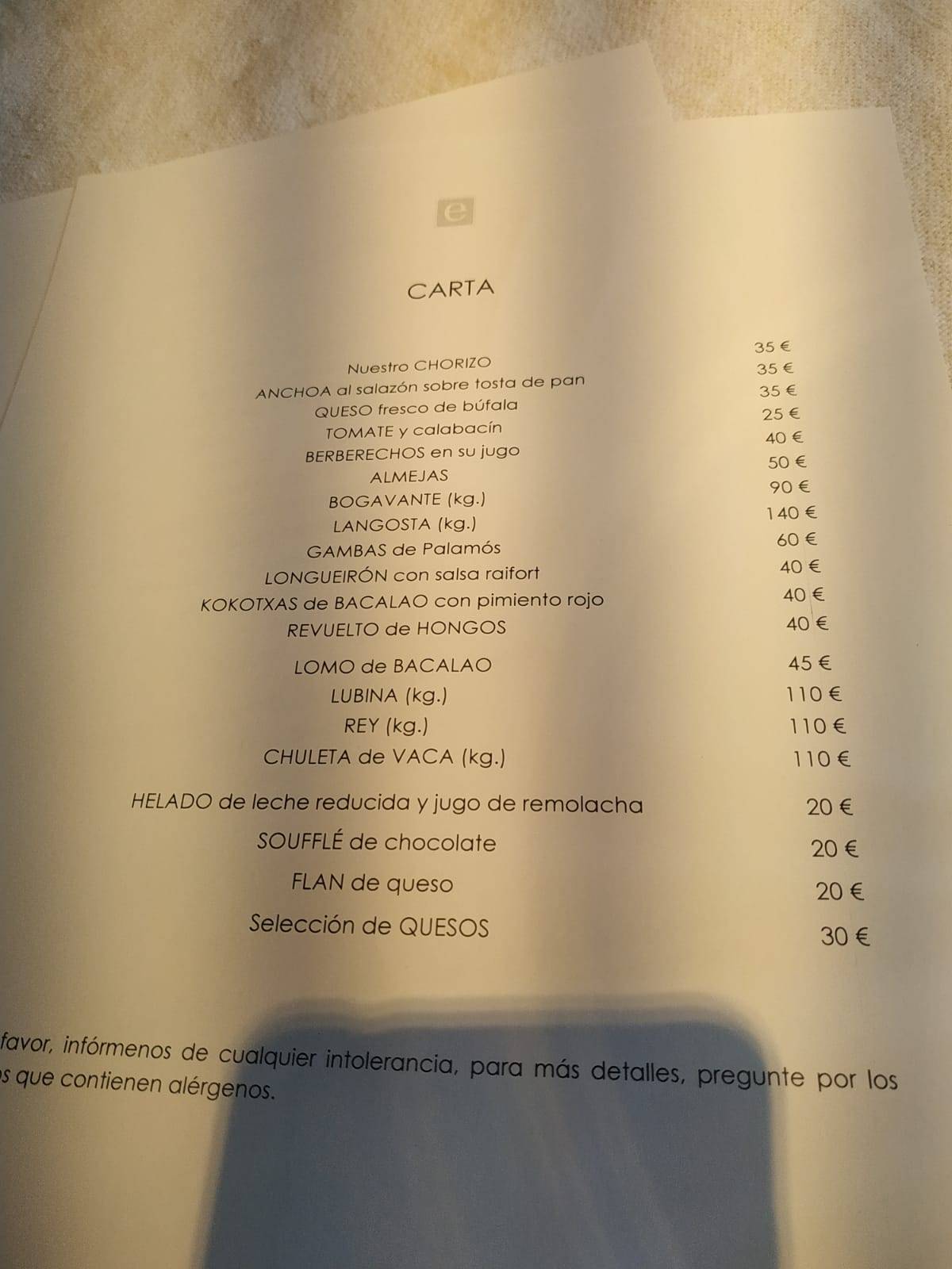 Menu at Asador Etxebarri, Axpe