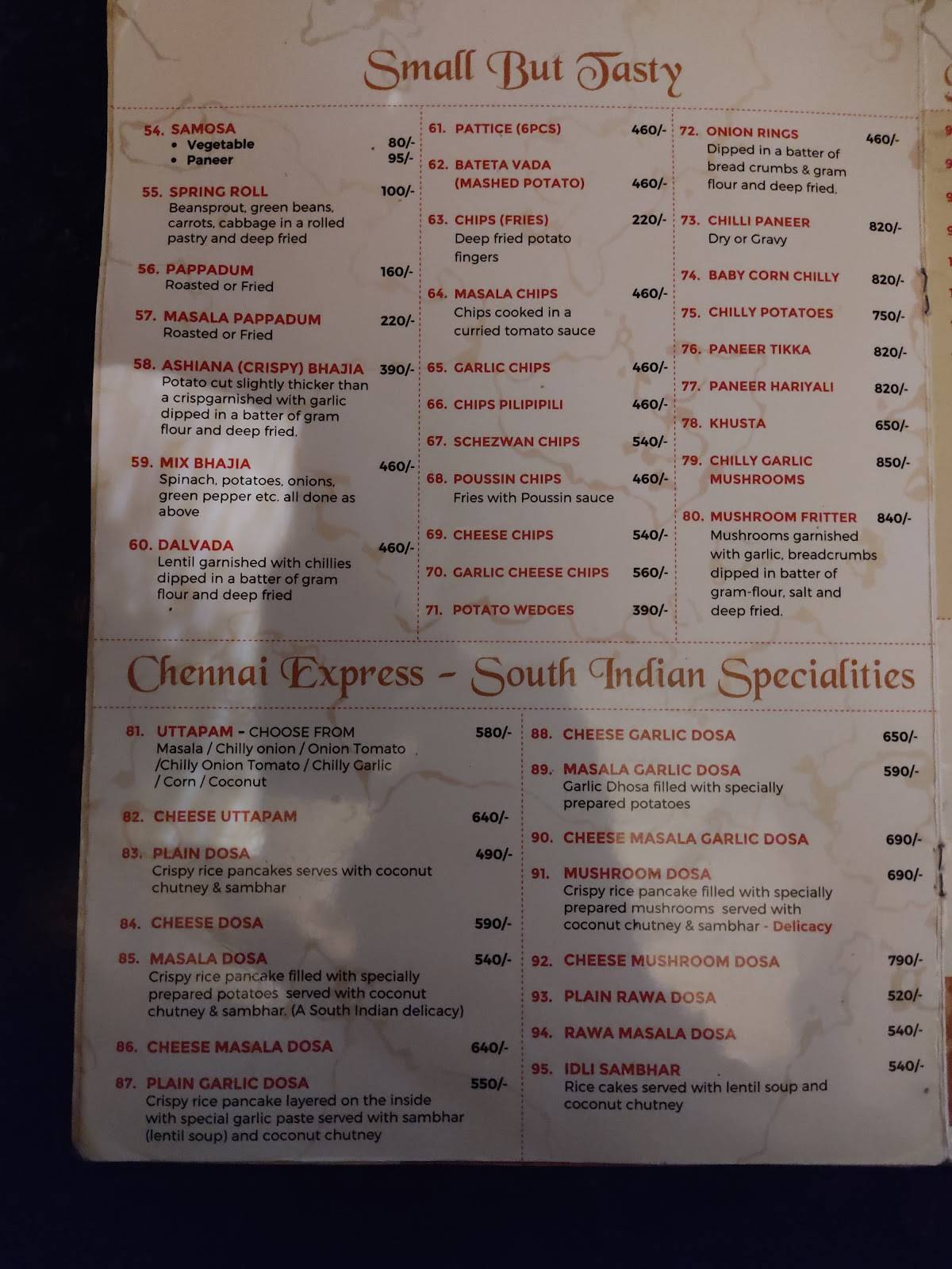 Menu at Ashiana restaurant, Nairobi