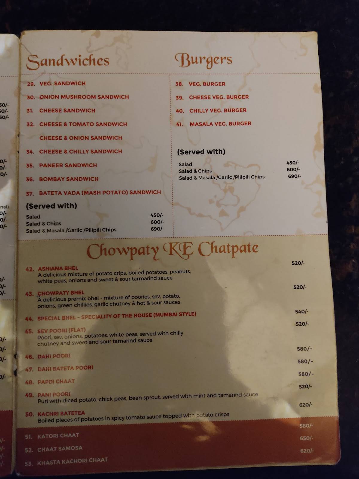 Menu at Ashiana restaurant, Nairobi