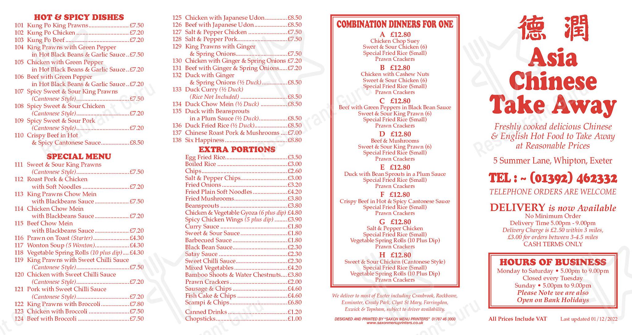 Carta de comida rápida Asia Chinese takeaway, Exeter