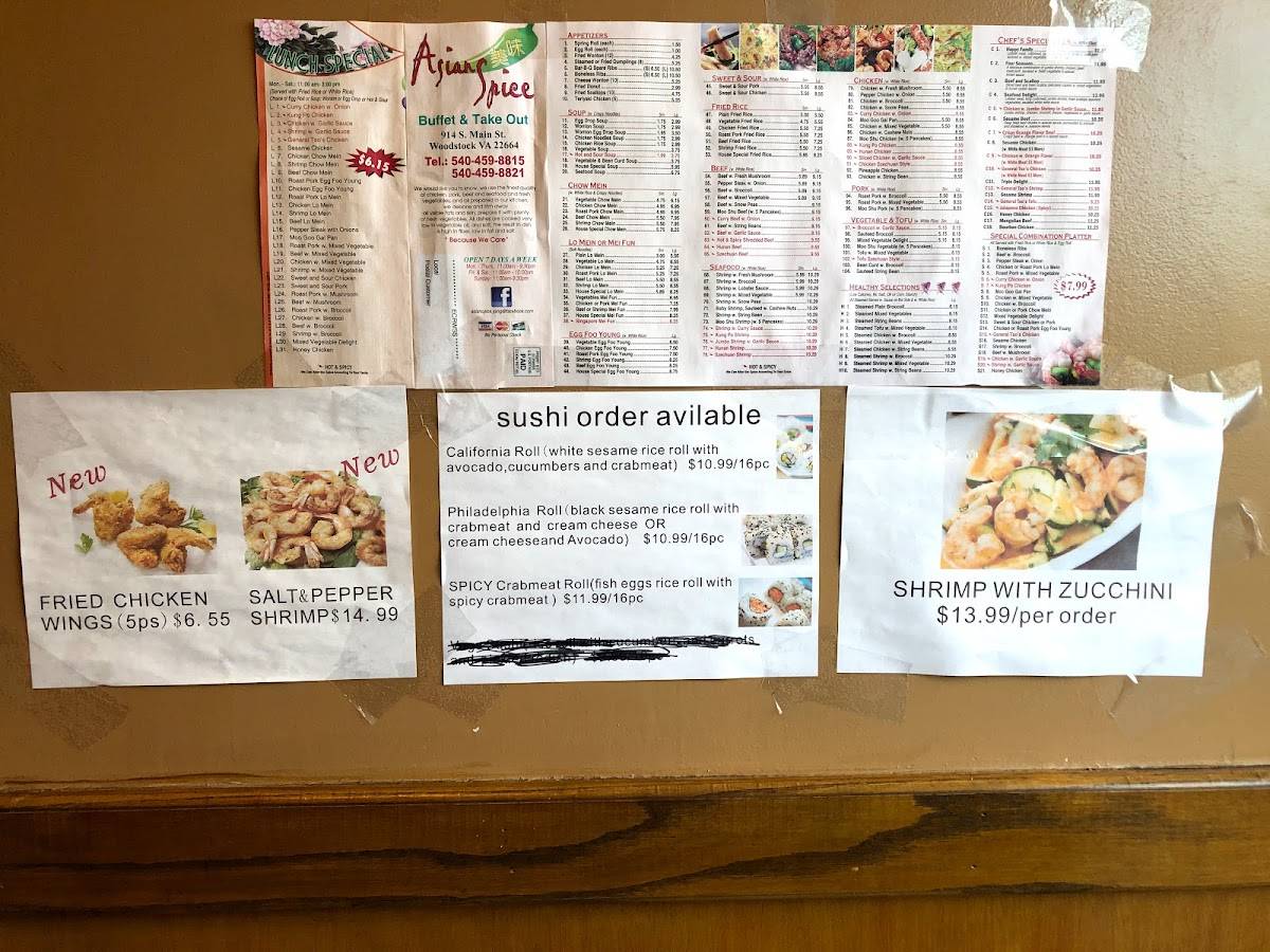 Menu at Asian Spice restaurant, Woodstock