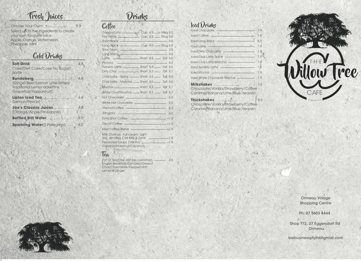 Menu at At the Willow Tree Cafe, Ormeau