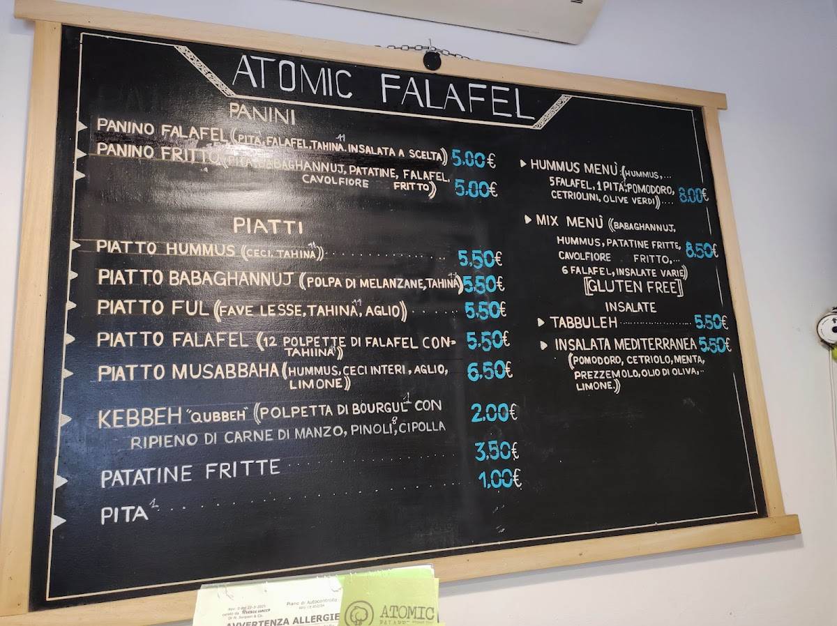 Menu at Atomic Falafel restaurant, Florence
