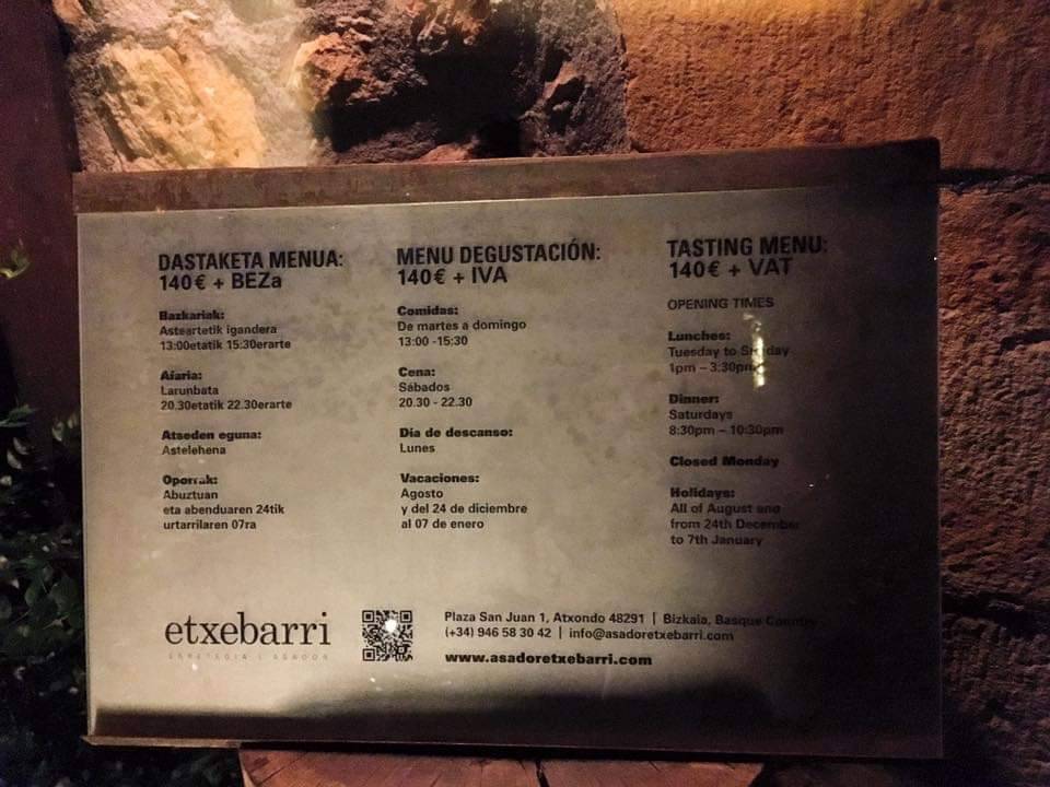 Menu at Asador Etxebarri, Axpe