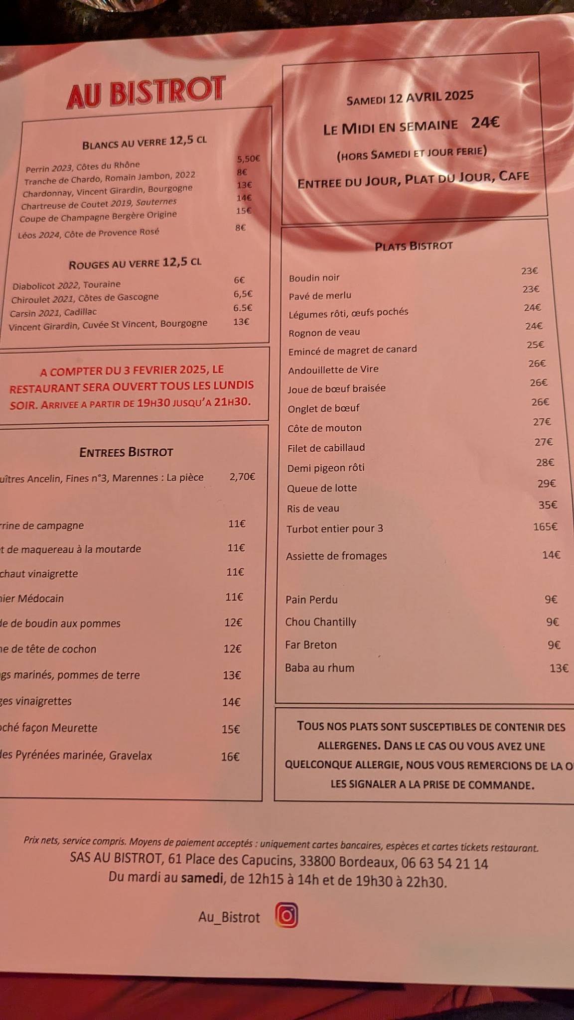 Menu at Au Bistrot restaurant, Bordeaux