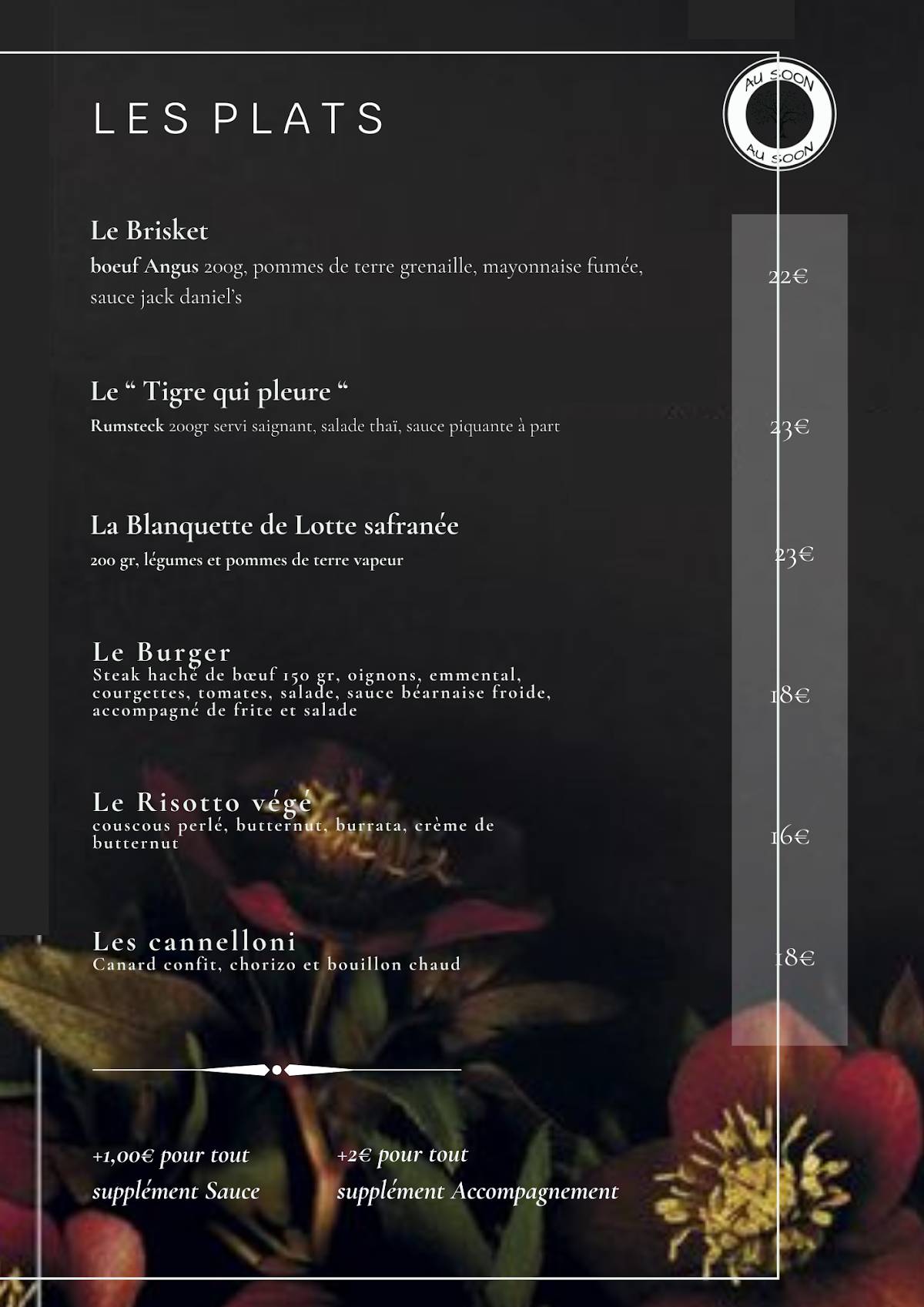 Menu au Au Soon restaurant, La Chapelle-d'Armentières