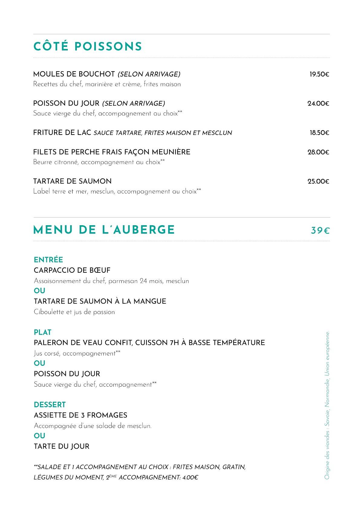 Menu au Auberge Du Lac restaurant, Veyrier-du-Lac