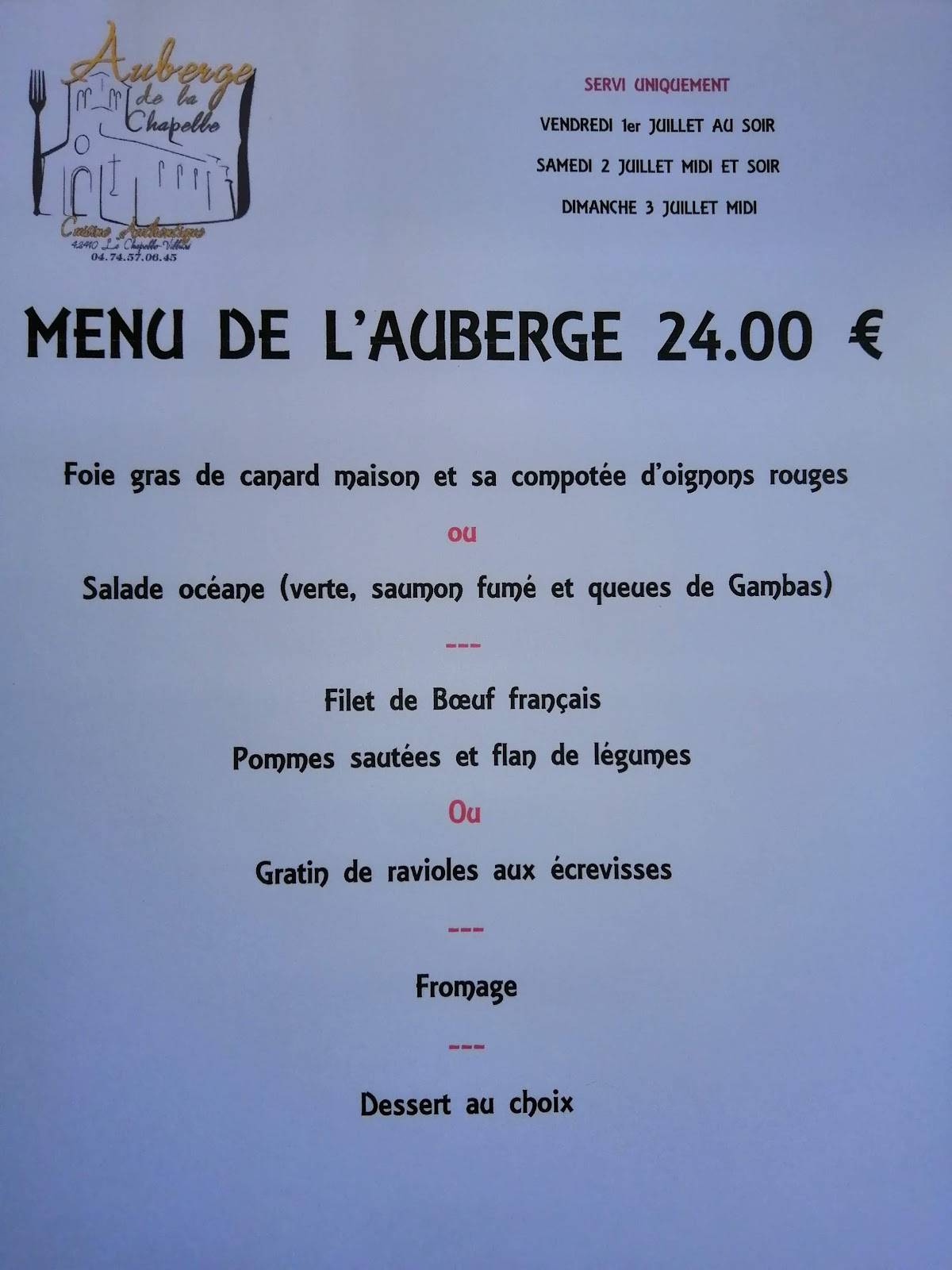 Menu au Auberge de la Chapelle restaurant, La Chapelle-Villars