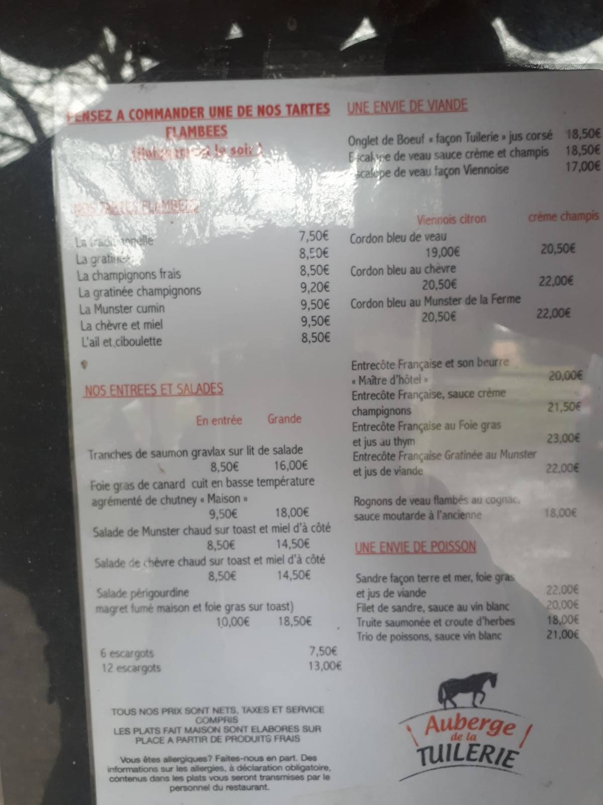 Menu au Auberge de la Tuilerie restaurant, Erstein, 9 Rue des Muguets