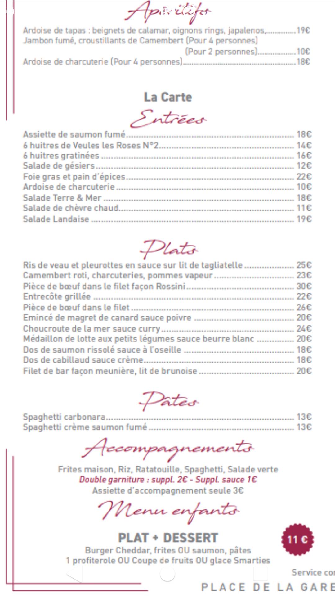Menu au Auberge Val'Riquais restaurant, Saint-Valery-en-Caux