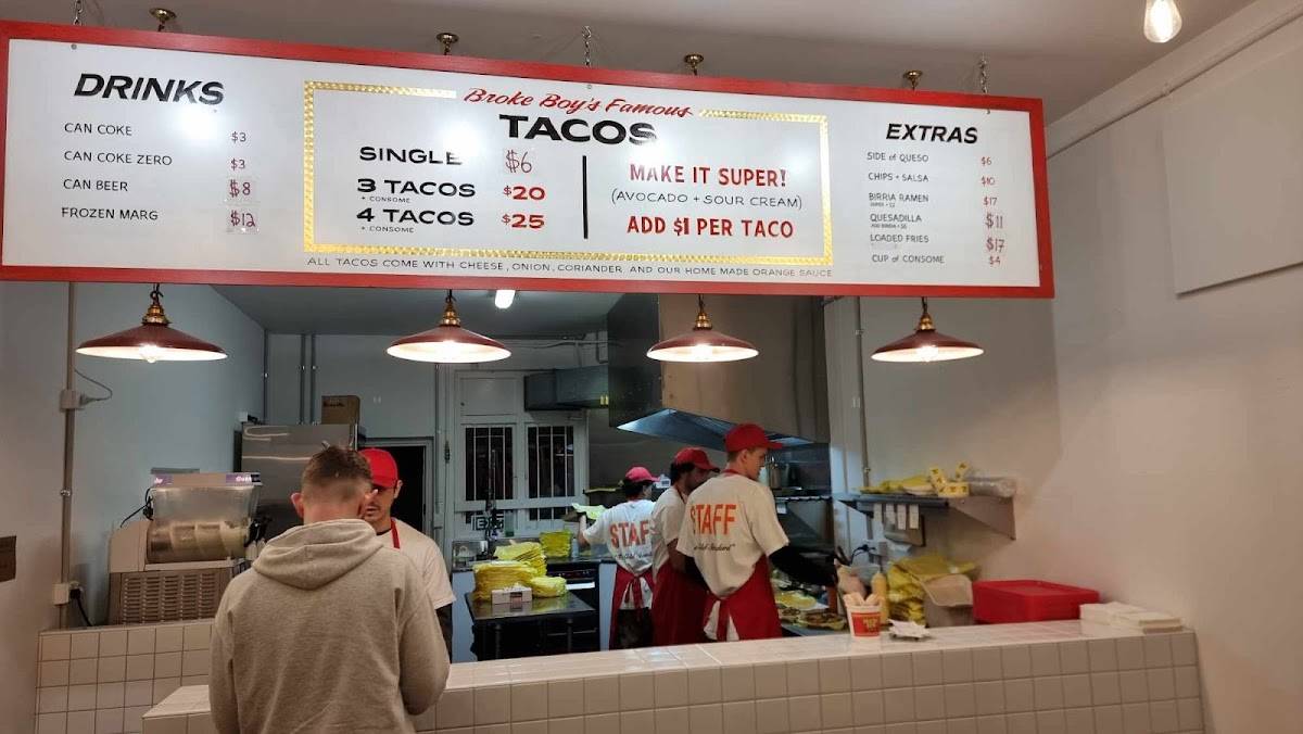 Menu at Broke Boy Taco restaurant, Auckland