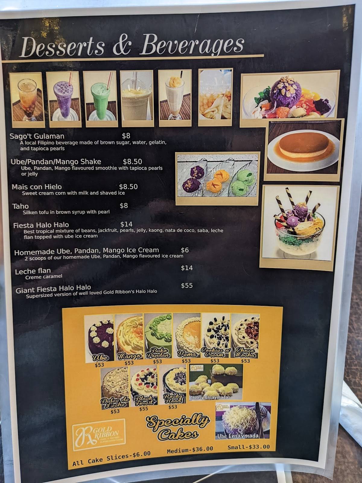Menu at Gold Ribbon restaurant, Auckland