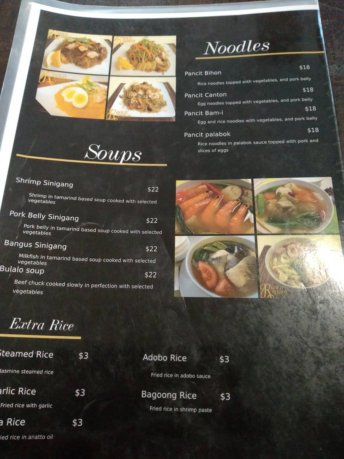 Menu at Gold Ribbon restaurant, Auckland