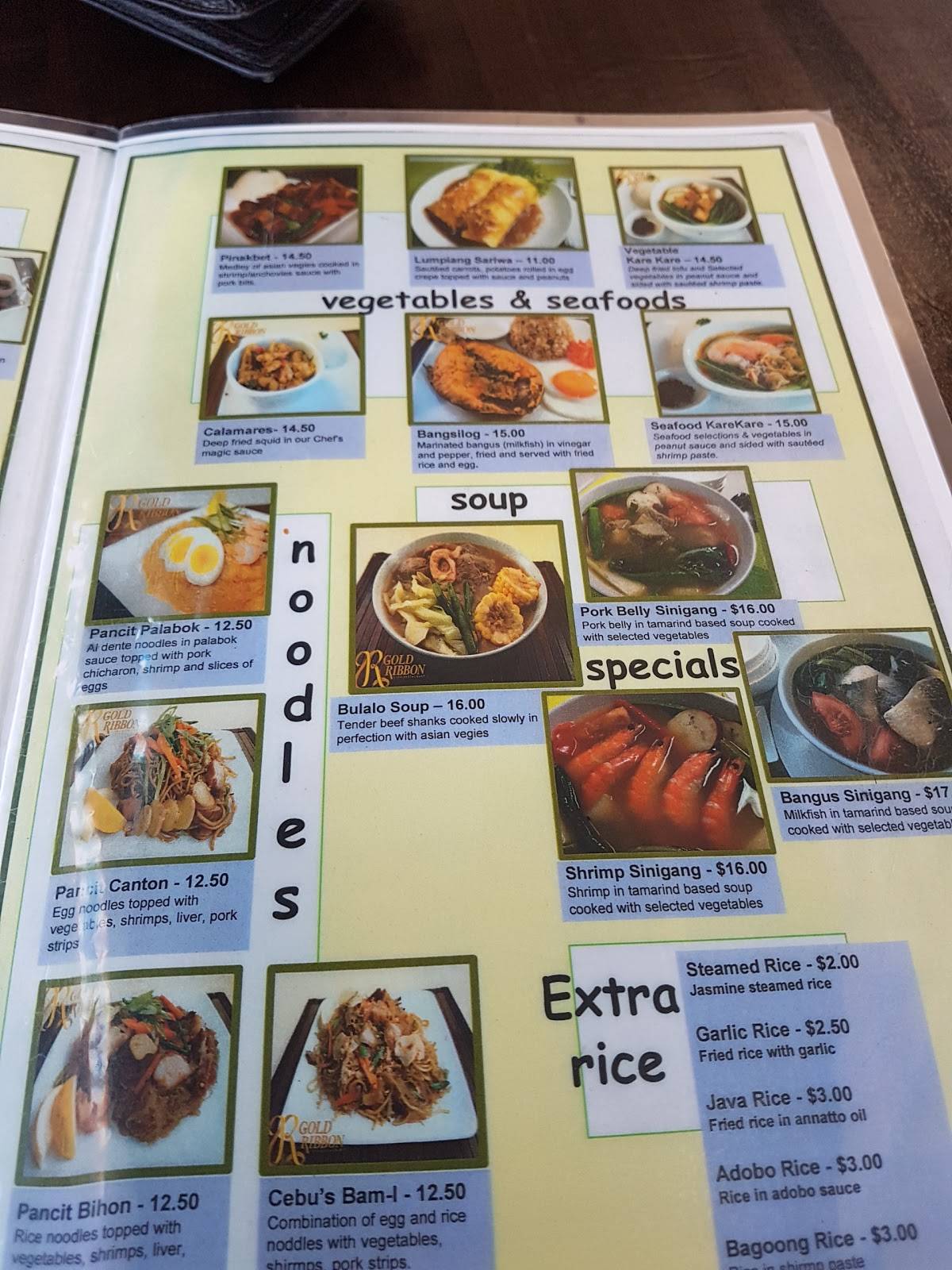 Menu at Gold Ribbon restaurant, Auckland