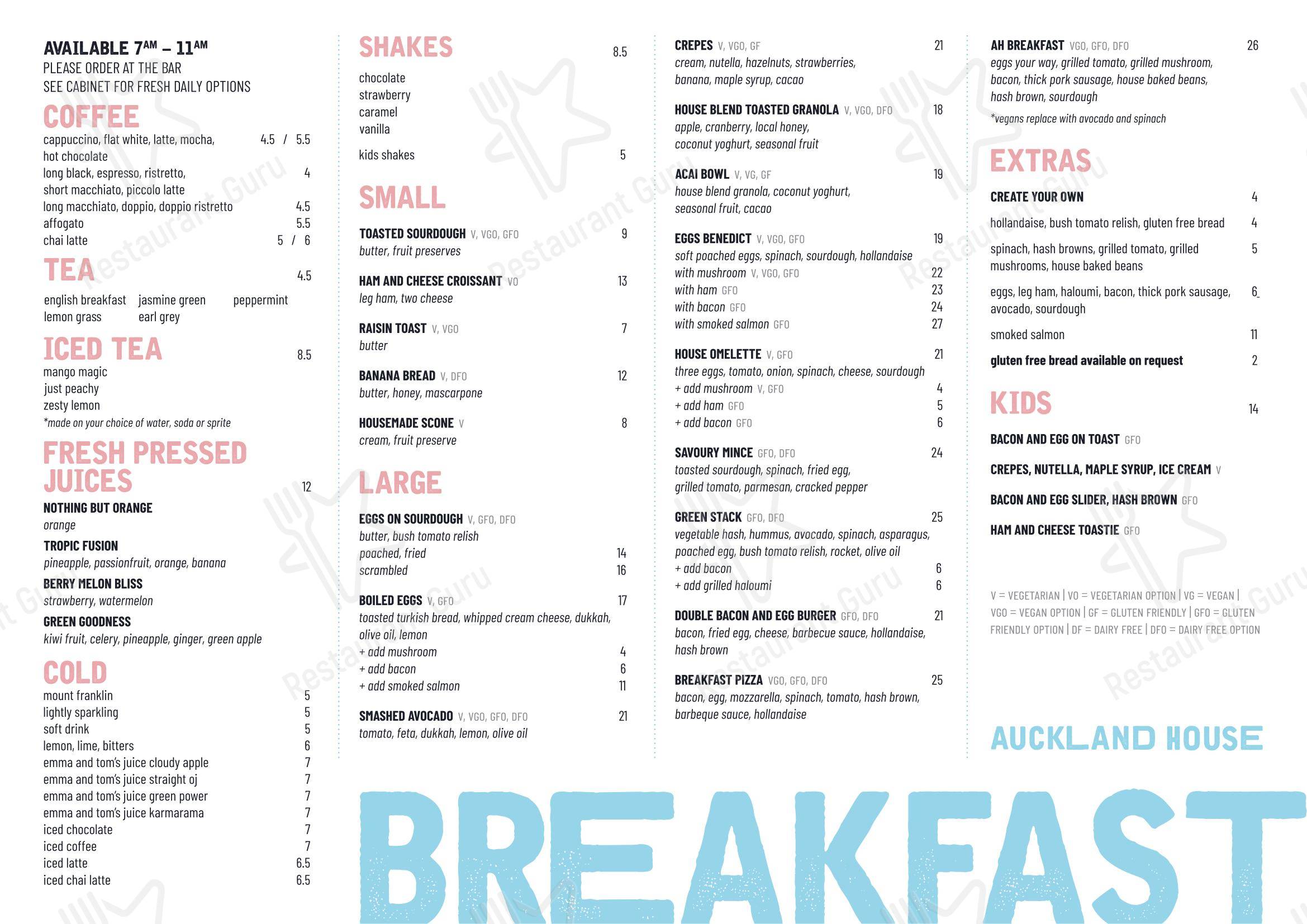 Menu at Auckland House pub & bar, Gladstone Central, 60 Flinders Parade