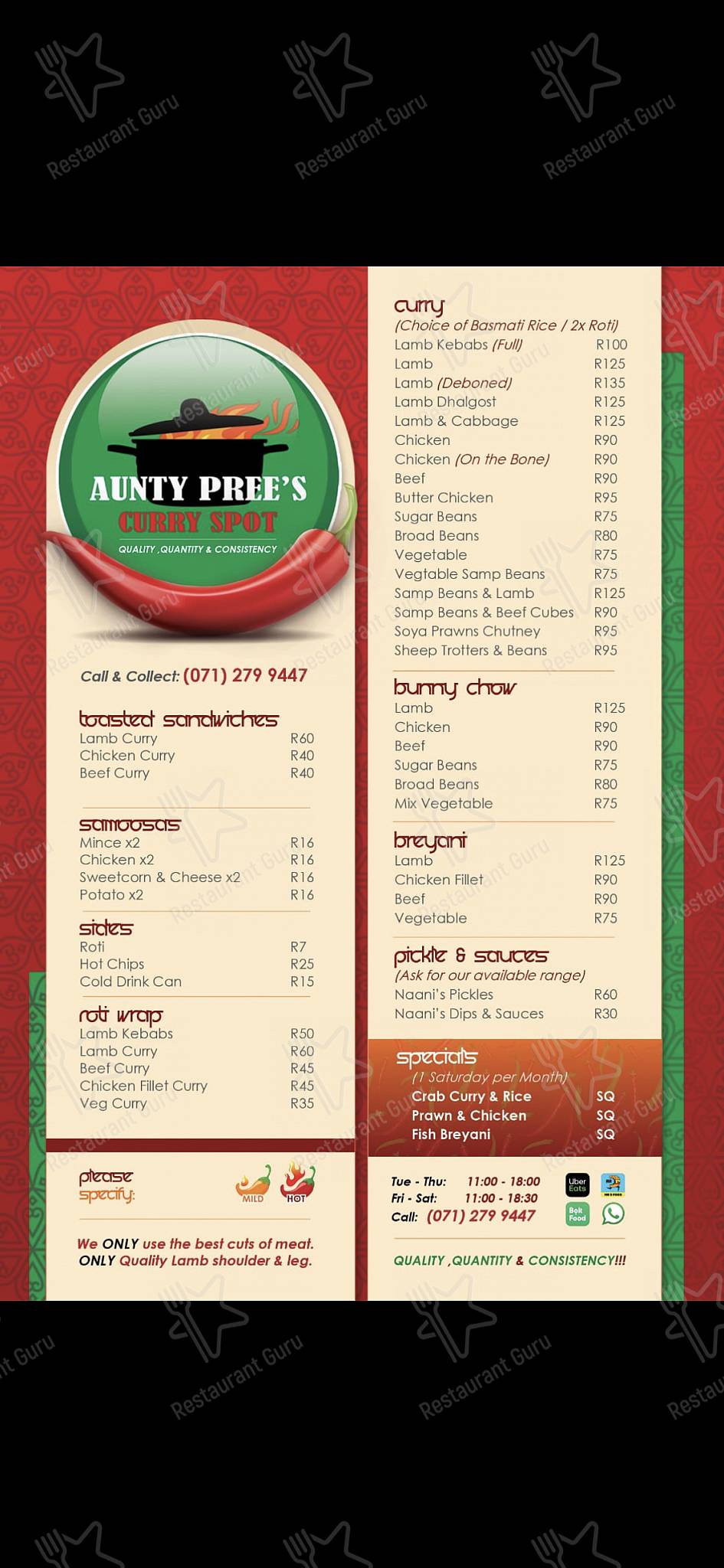 Menu at Aunty Pree’s restaurant, Randburg