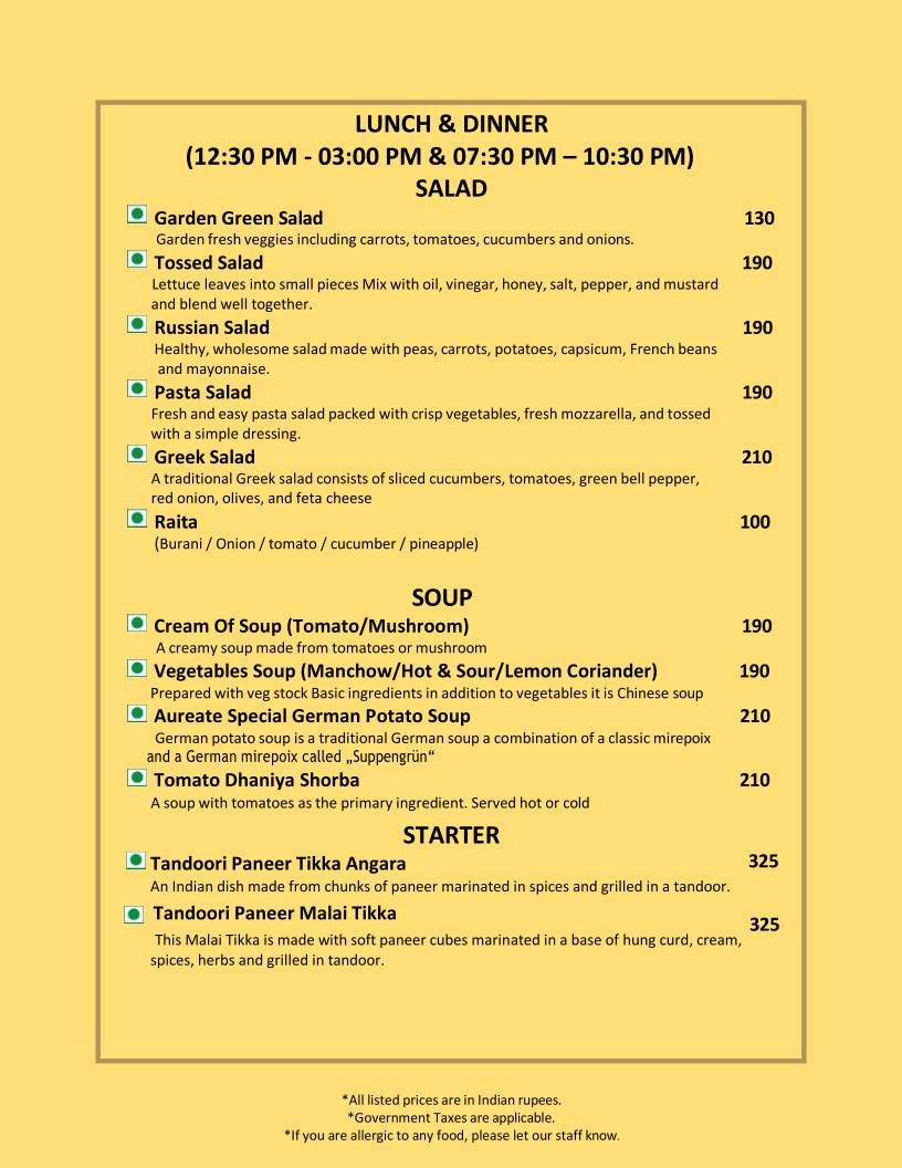 Menu at Aureate Flavour of India, India