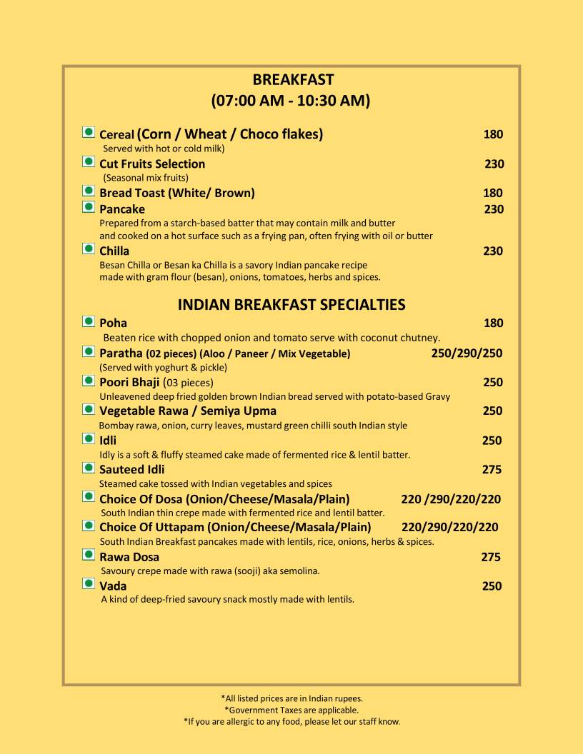 Menu at Aureate Flavour of India, India
