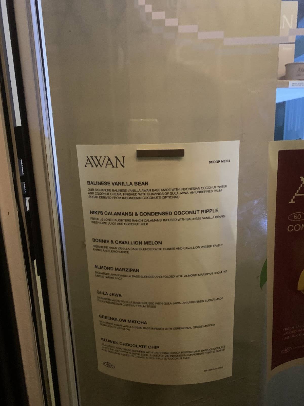 Menu at Awan restaurant, West Hollywood, 866 Huntley Dr