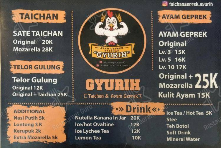 Carta del restaurante Ayam Geprek & Taichan Gyurih, Tangerang