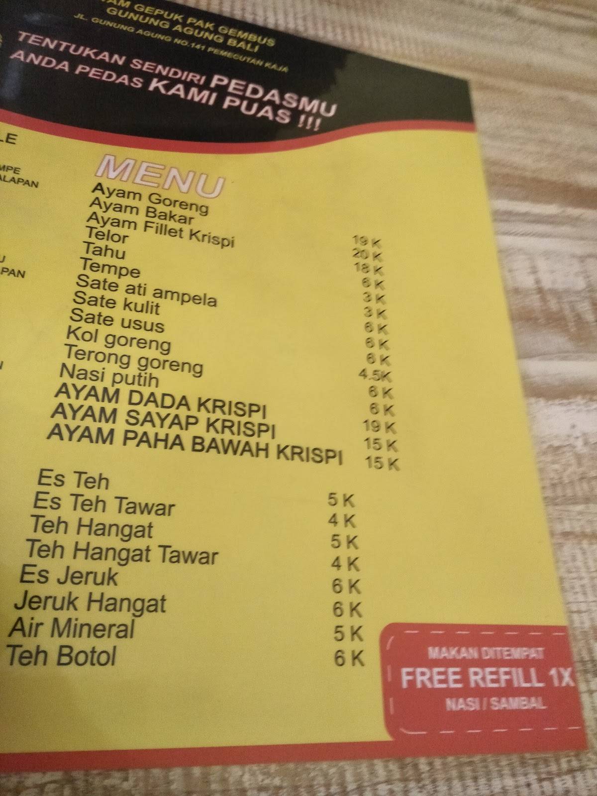 Menu at Ayam Gepuk Pak Gembus Gunung Agung restaurant, Denpasar