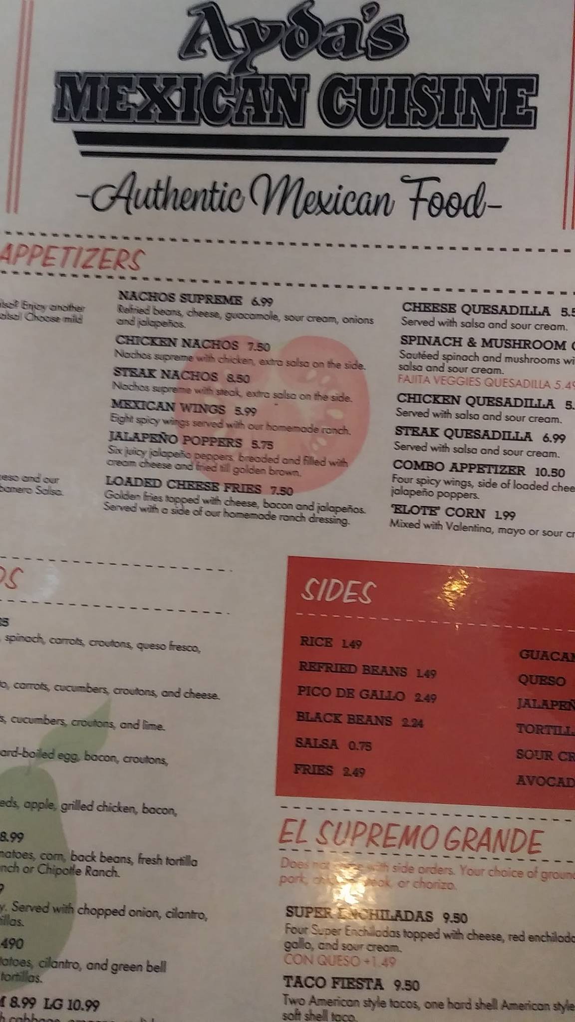 Menu at Ayda's Mexican Cuisine restaurant, Rensselaer, 208 S Van ...