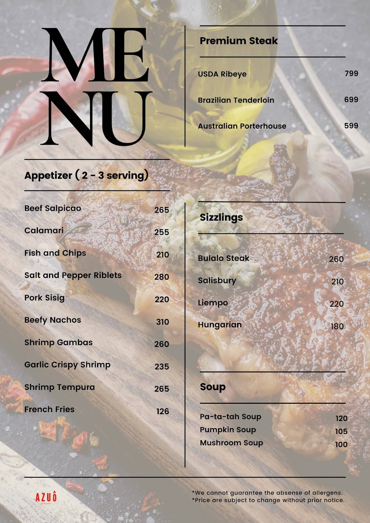 Menu at Azuo Bistro restaurant, Davao City