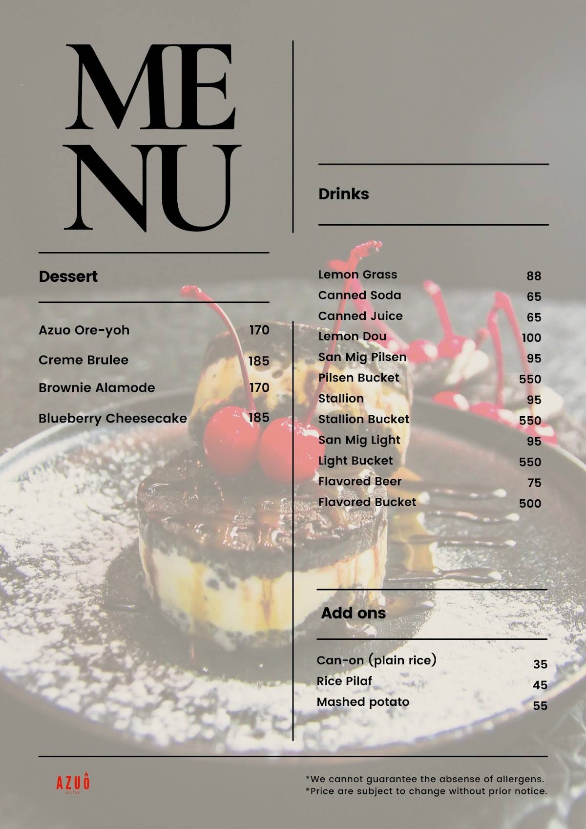 Menu at Azuo Bistro restaurant, Davao City