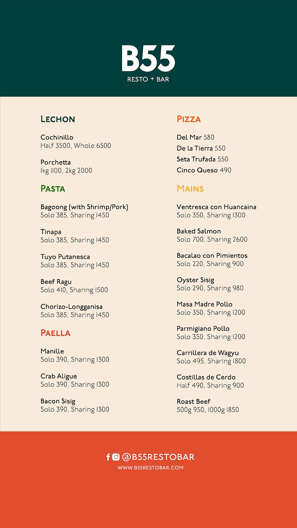 Menu at B55 restaurant, Quezon City