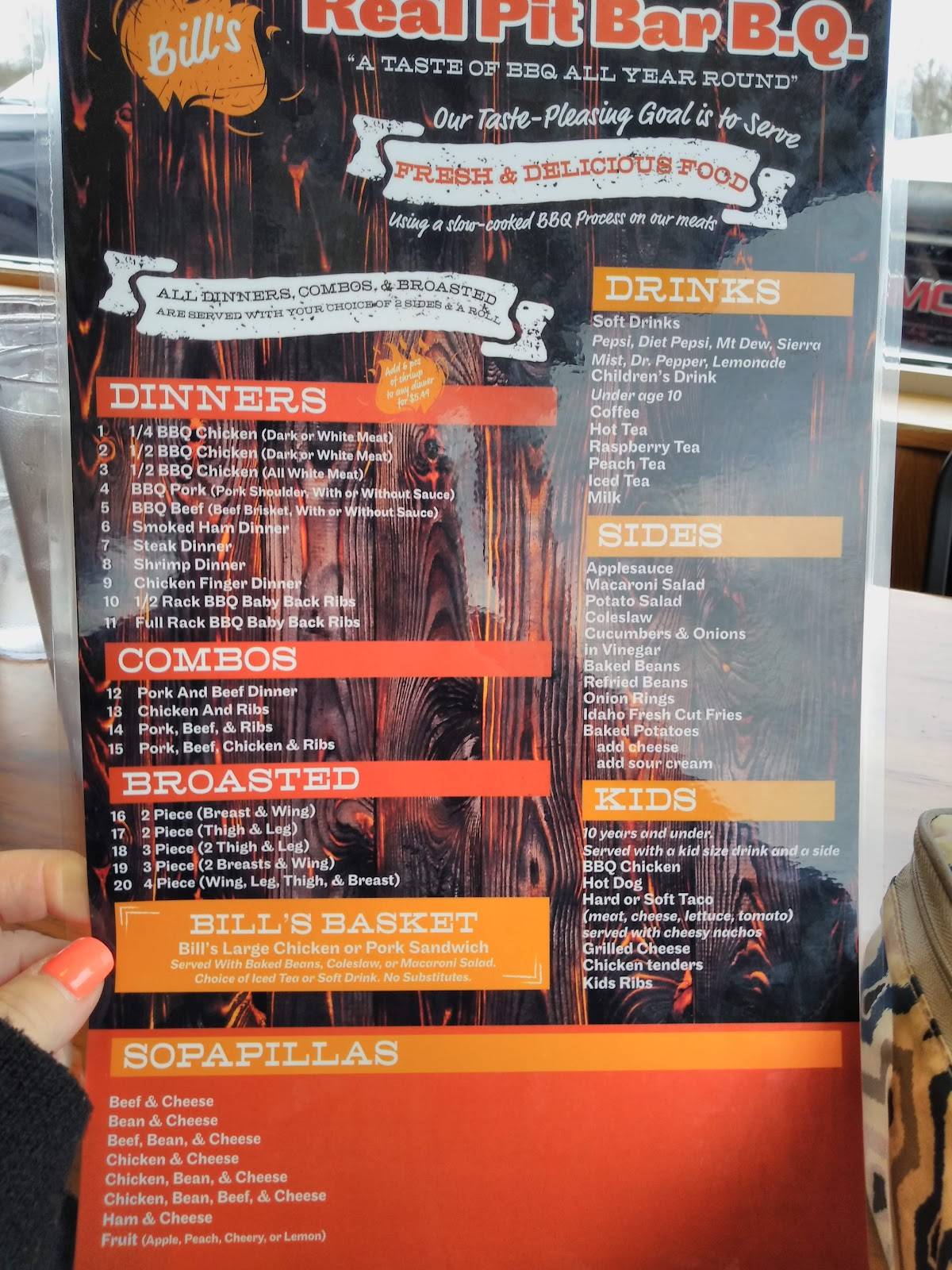 Menu at Bill's Real Pit BBQ, North Zanesville