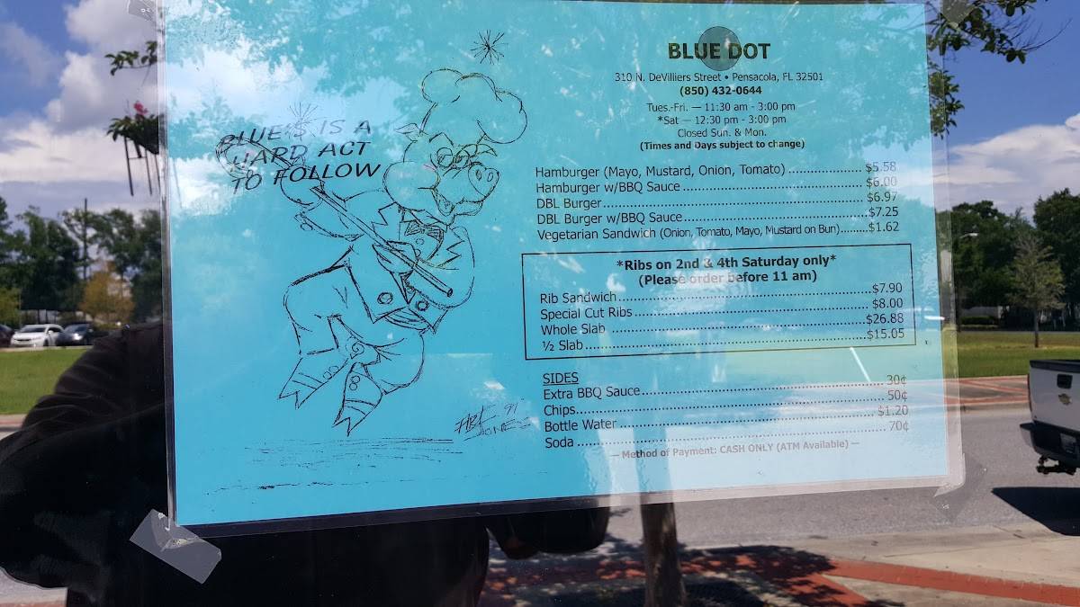 Menu at Blue Dot BBQ, Pensacola