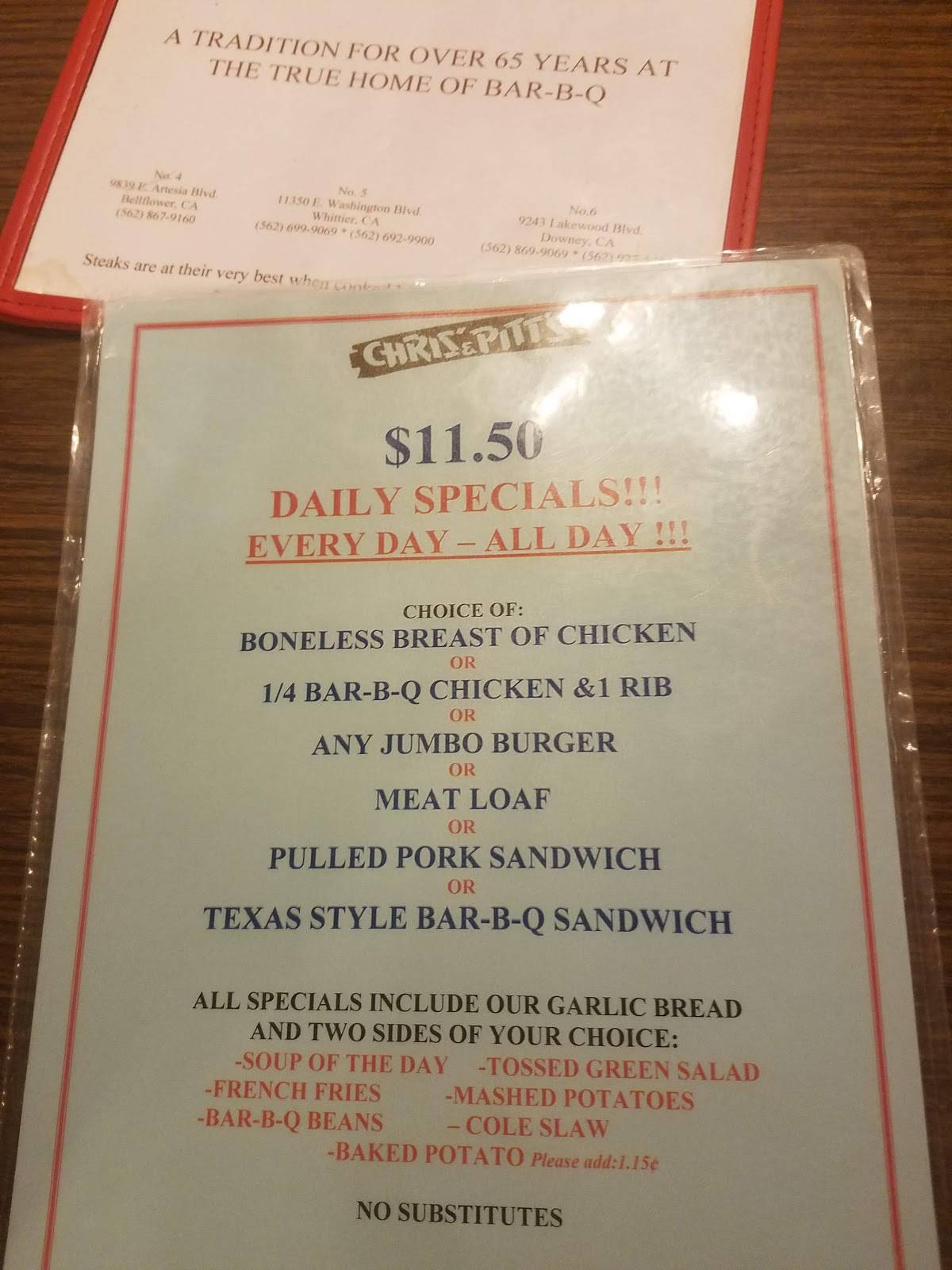 Menu at Chris & Pitts BBQ Restaurant, Downey