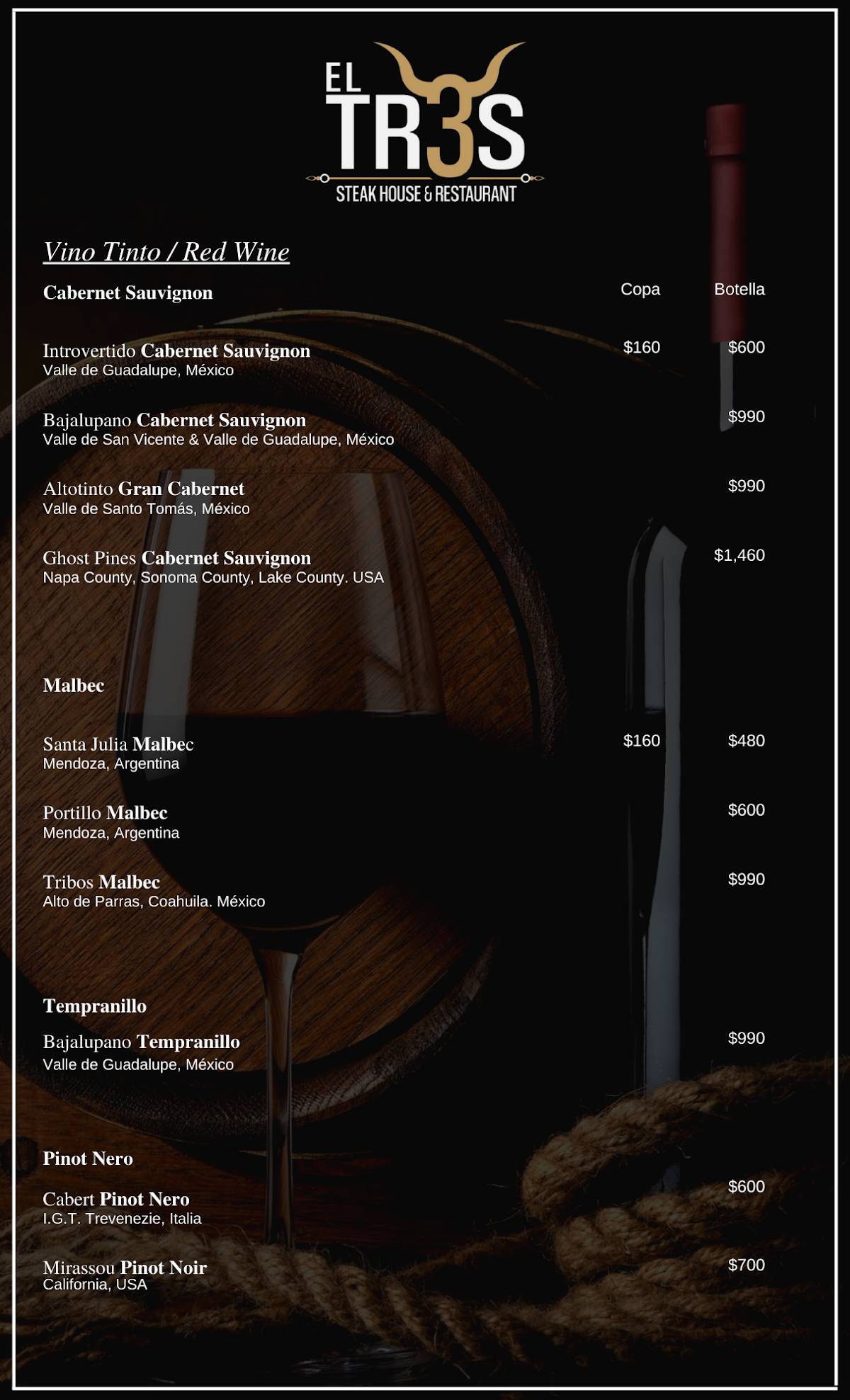 Carta de barbacoa EL TRES Steak House, Cabo San Lucas