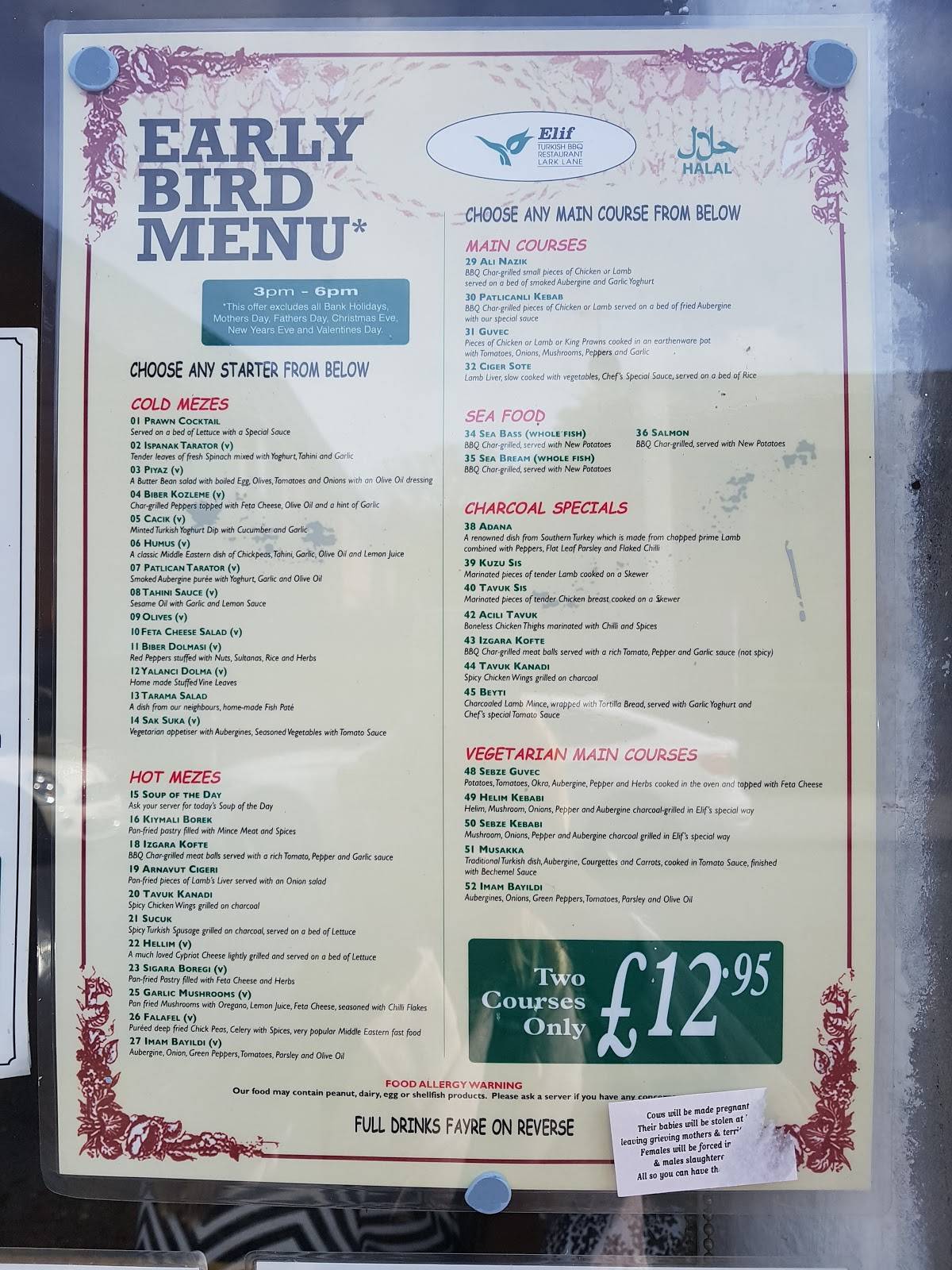 Menu at Elif Restaurant, Liverpool, 6 Lark Ln