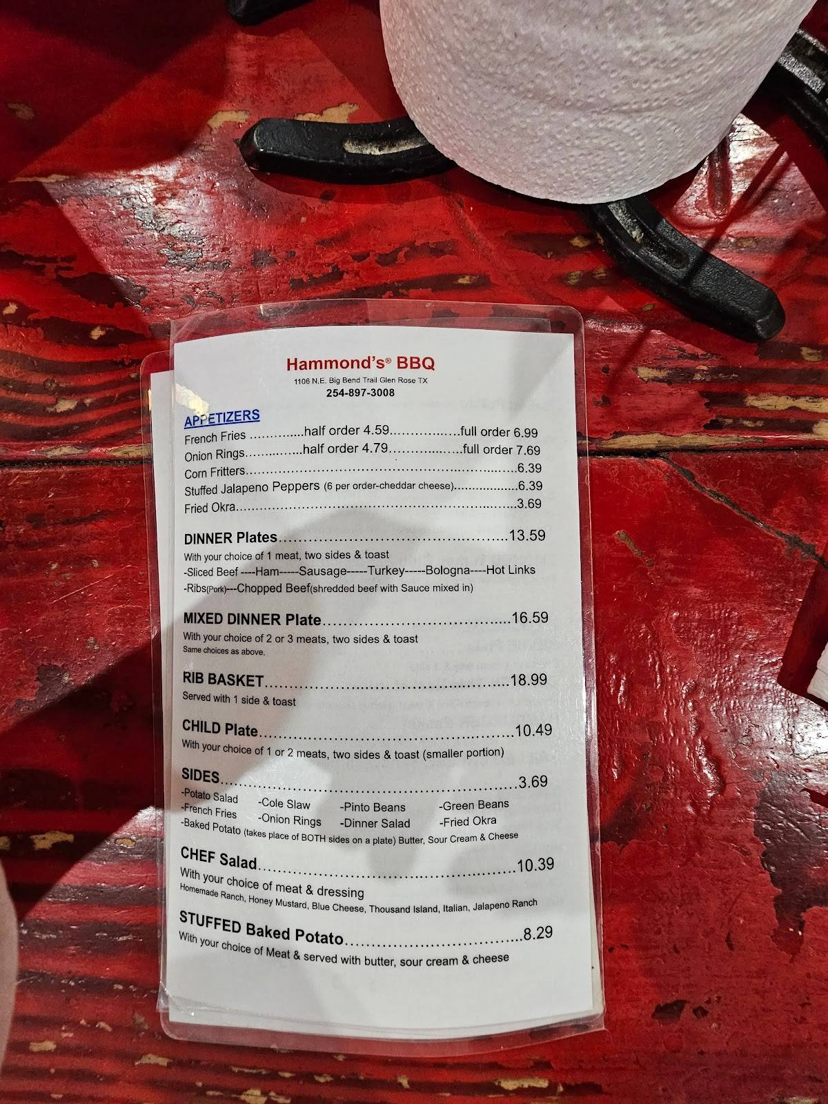 Menu at Hammond's B-B-Q BBQ, Glen Rose