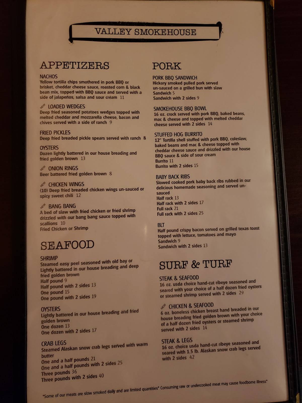 Menu at Valley Smokehouse BBQ, Staunton