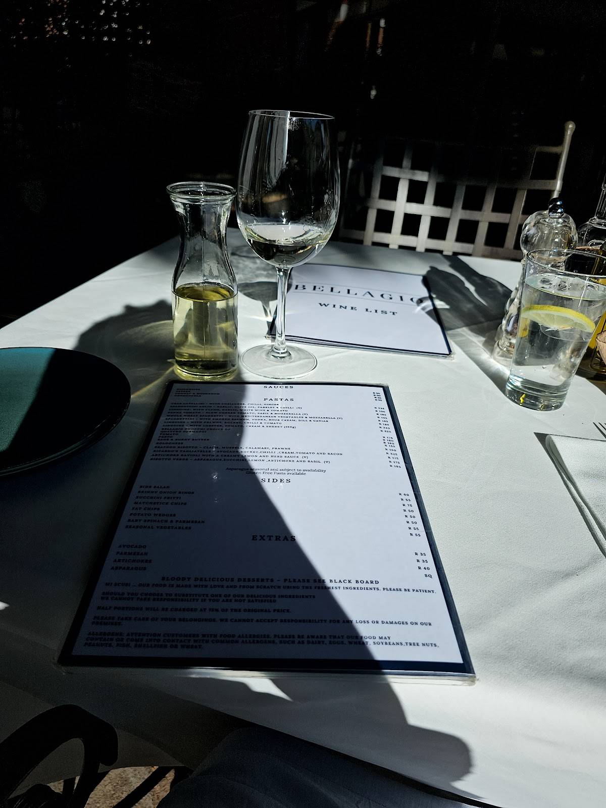 Menu at BELLAGIO restaurant, Johannesburg, 257 Oxford Rd