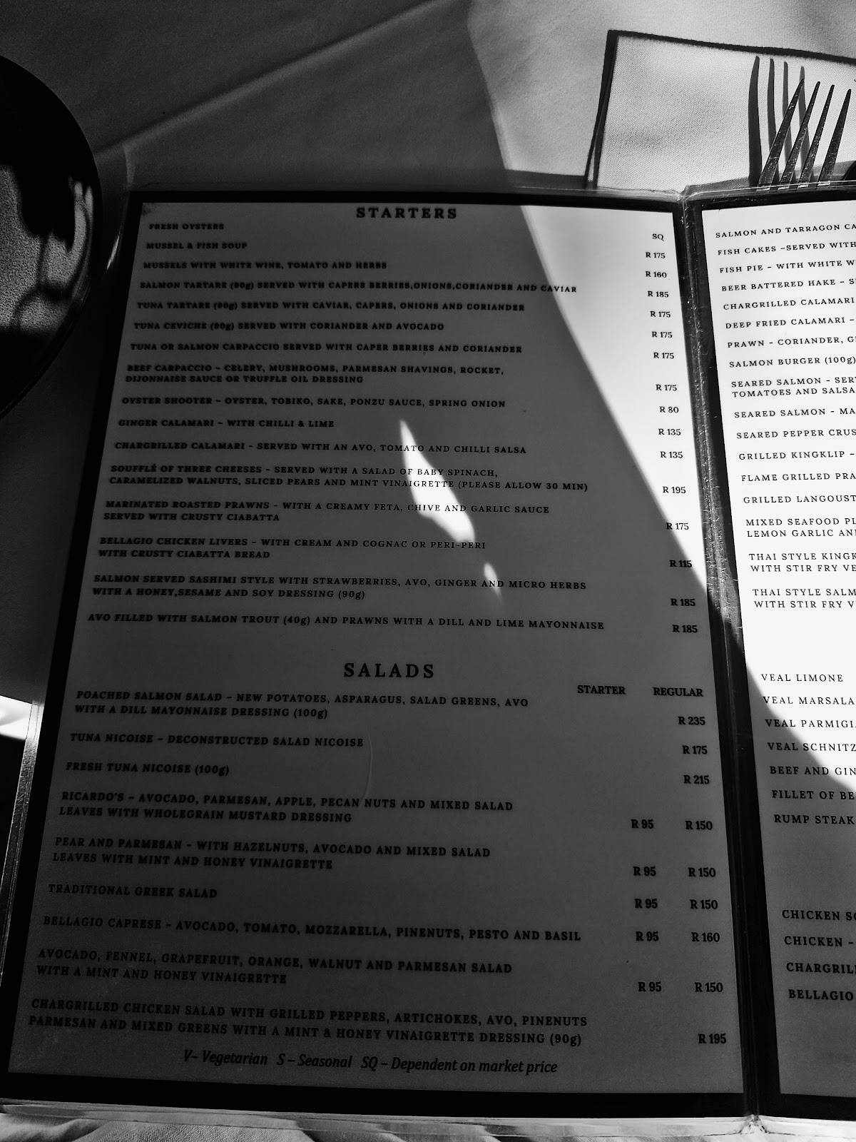Menu at BELLAGIO restaurant, Johannesburg, 257 Oxford Rd