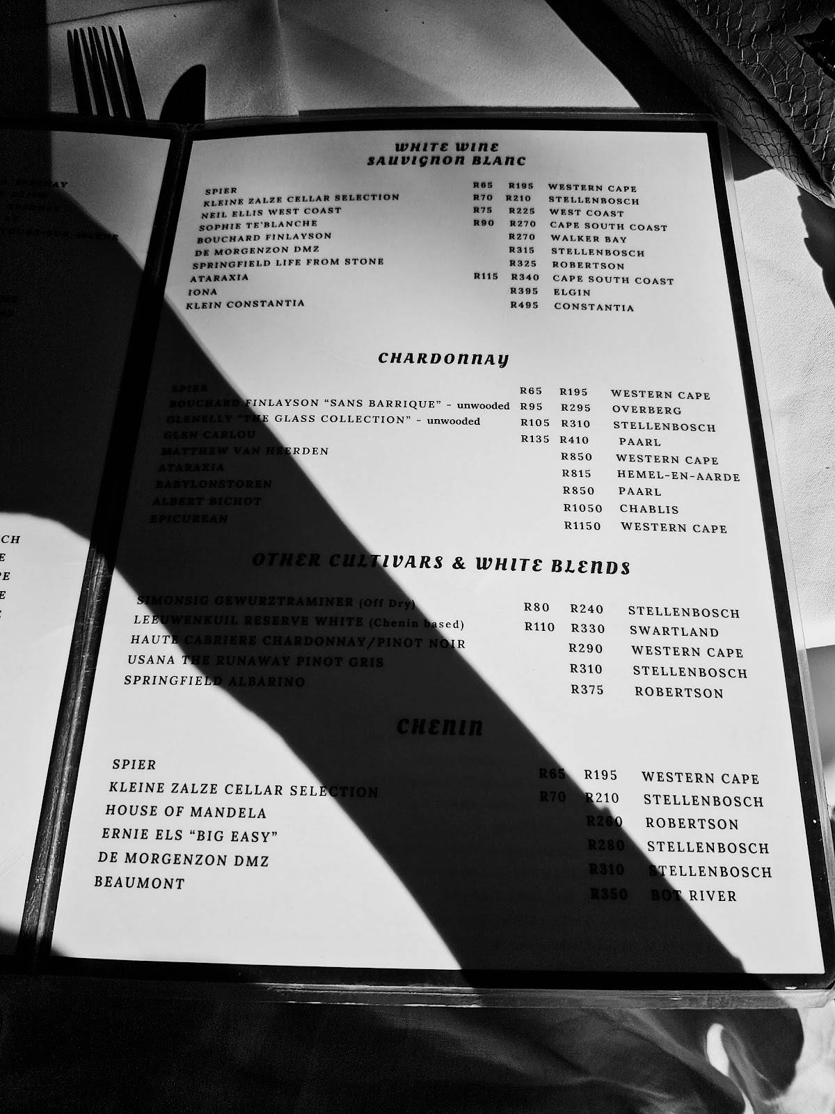 Menu at BELLAGIO restaurant, Johannesburg, 257 Oxford Rd
