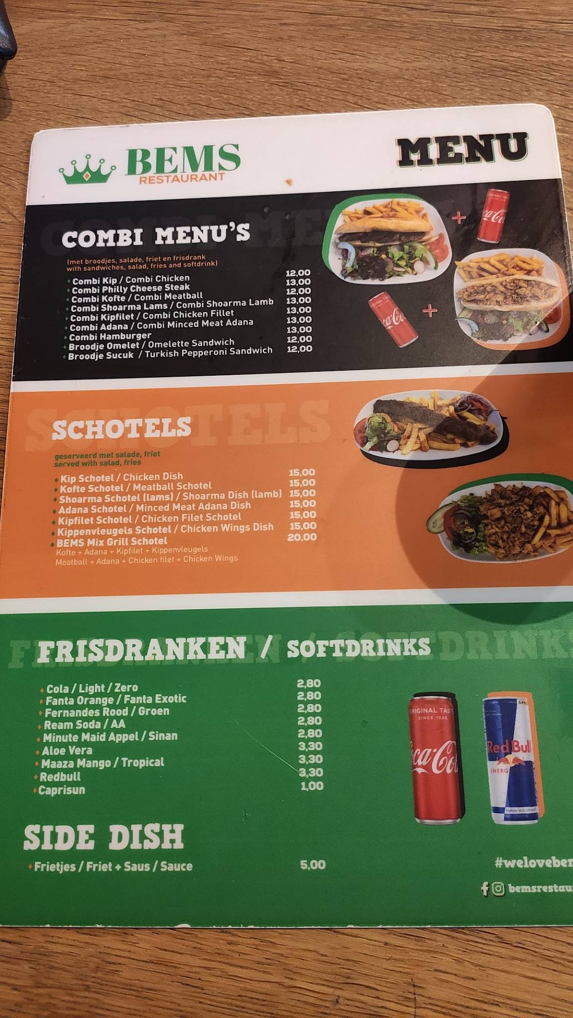 Menu at BEMS Restaurant, Amsterdam