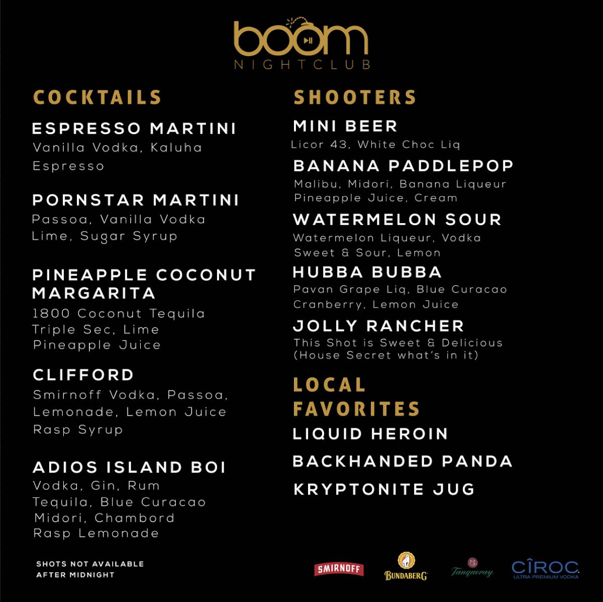 Menu at BOOM Nightclub, Airlie Beach
