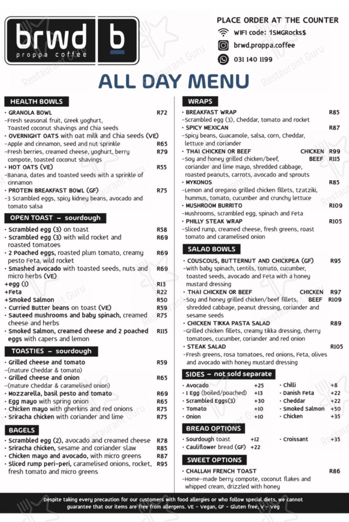 Menu at BRWD Proppa Coffee, Durban